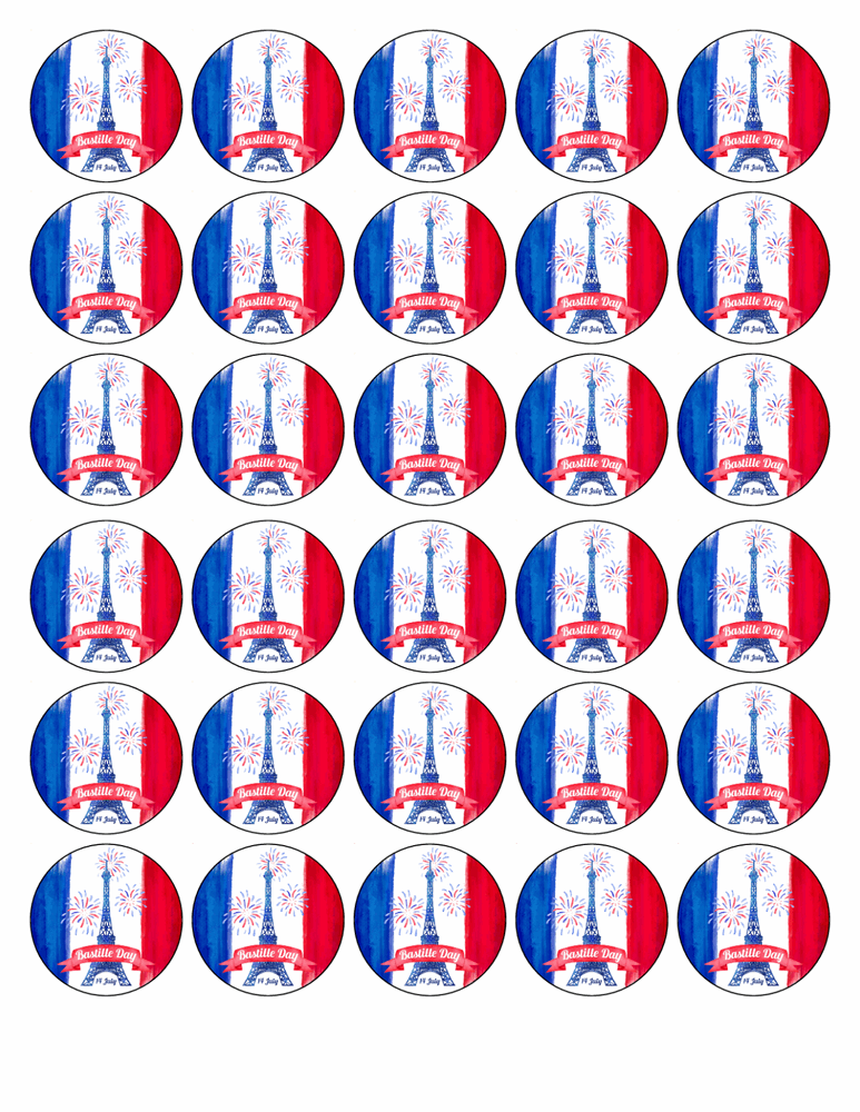 BASTILLE DAY 30 x 4cm PREMIUM EDIBLE RICE PAPER ROUND CUP CAKE TOPPERS ...