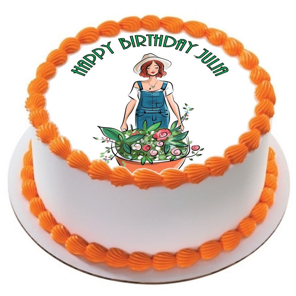 GARDENING 7.5" ROUND RICE WAFER PAPER EDIBLE PREMIUM CAKE TOPPER WOMAN ...
